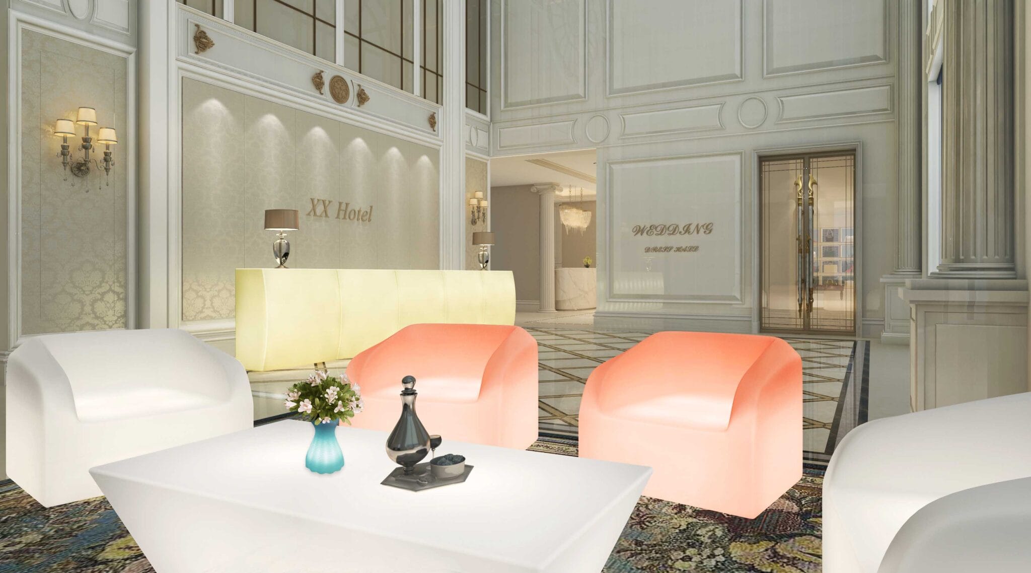 Hotel Lobby With Furniture Modern | LED Furniture For Rest Area